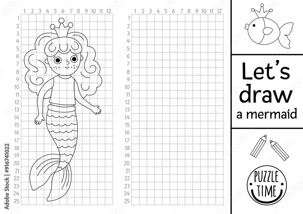 Draw the mermaid. Vector ocean kingdom drawing practice worksheet with ...