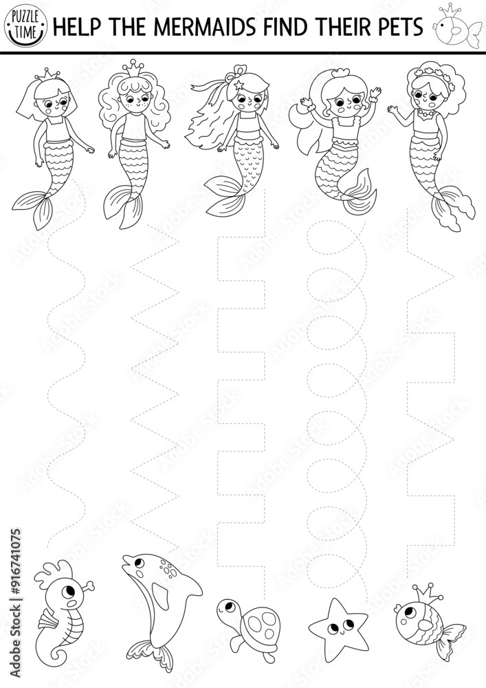 Vector mermaid handwriting practice worksheet. Ocean kingdom printable ...