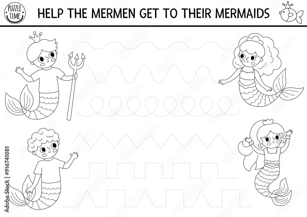 Vector mermaid handwriting practice worksheet. Ocean kingdom printable ...