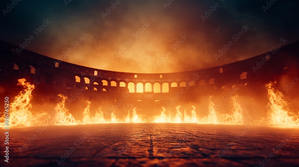 Flickering flames around the Coliseum, with a misty haze, capturing the ...