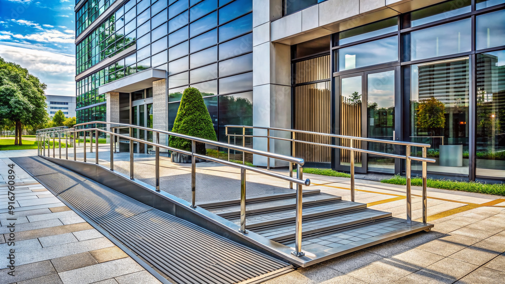 Wheelchair-accessible ramp leads to modern entrance of a building ...