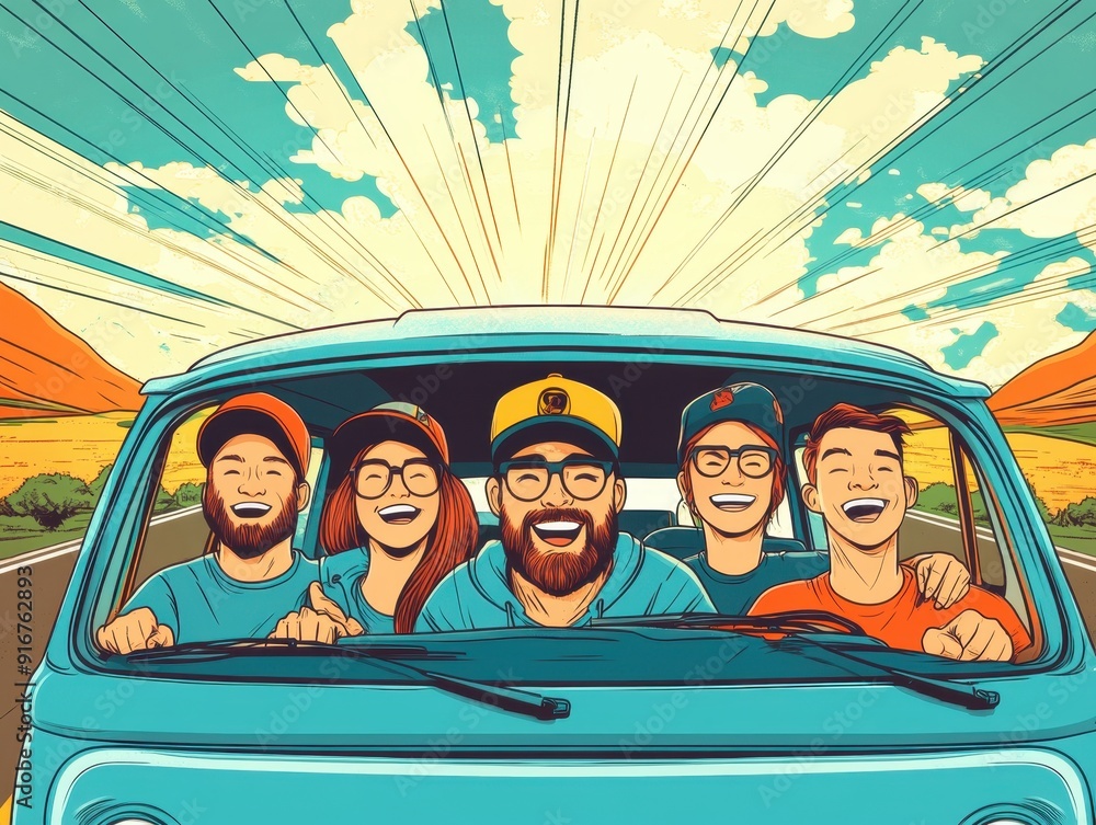 Group of friends driving in a retro van during a fun road trip ...
