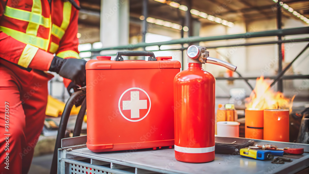 Safe workplace red First Aid Kit together with fire extinguisher are ...
