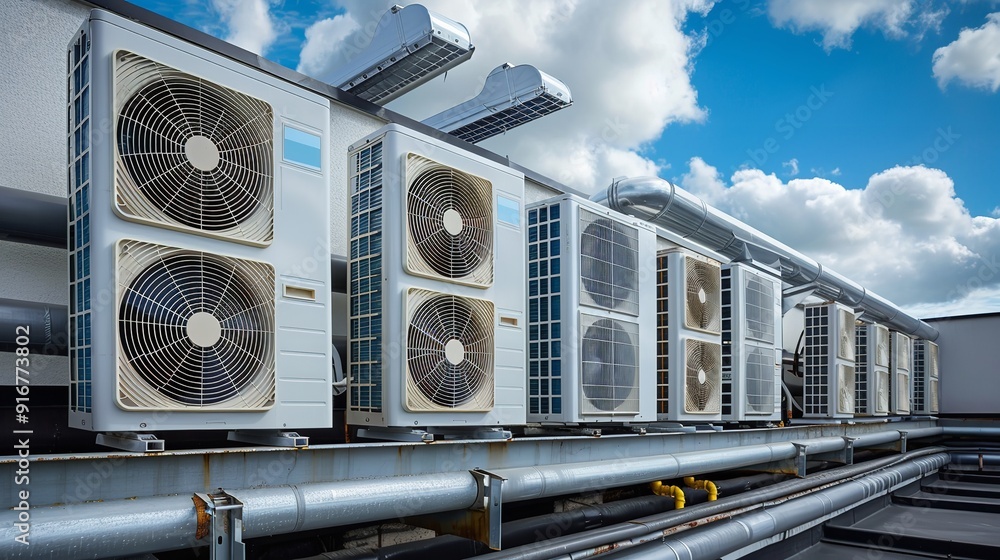 An industrial building's roof houses the external units of the ...