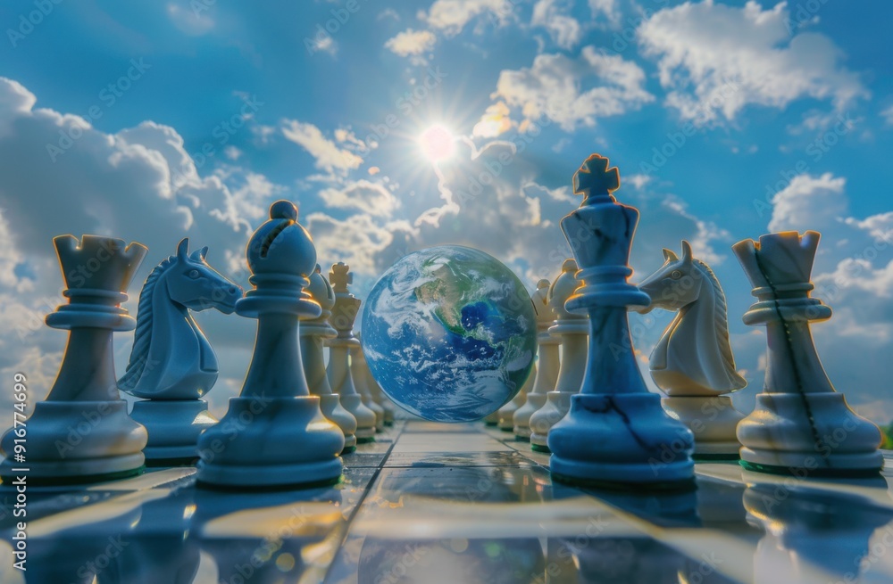 Planet Earth sits on a chessboard against the sky. Chess pieces are ...