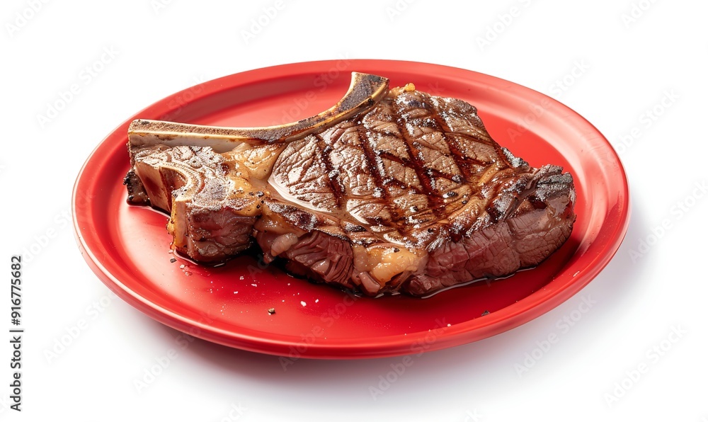Complete beef rib eye with a circular red plate and white copy space ...