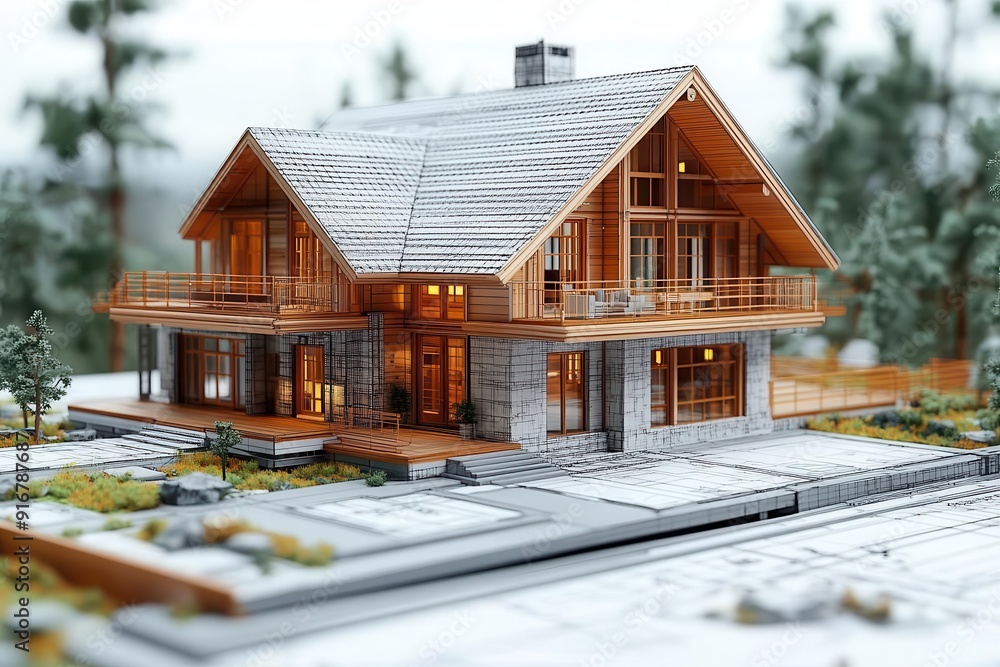 architectural blueprint coming to life as a miniature 3d house model ...