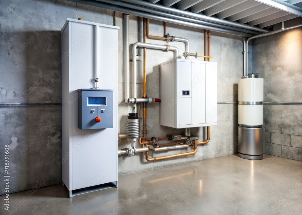 Modern high-efficiency boiler unit installed in a residential basement ...