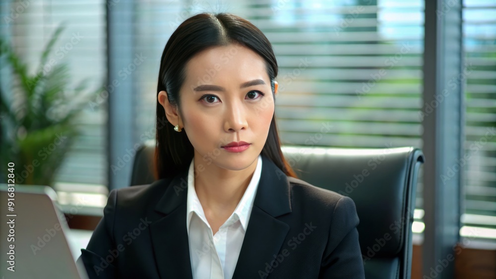 Serious-faced Asian female executive in formal attire shares ...