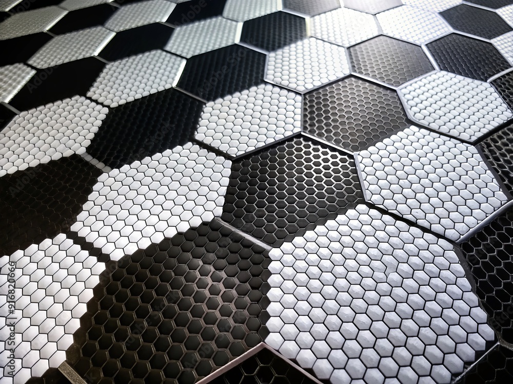 Black and white reflective sheet with hexagonal grid pattern attached ...
