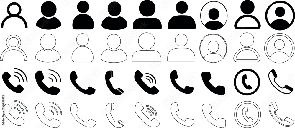 contact Icon set, avatar and phone symbols outline and silhouette ...