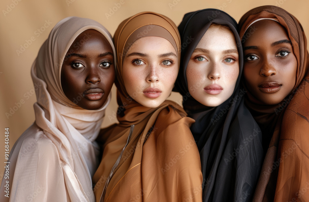 models of different ethnicities wearing hijabs in various colors, each ...