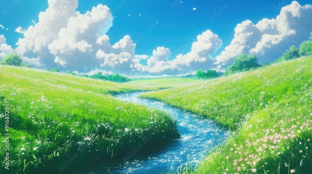 Beautiful anime background of a summer day with a sparkling stream ...