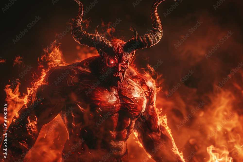 Powerful Hellish Demon, Muscular Titan, Red Skinned Beast, Long Horned ...
