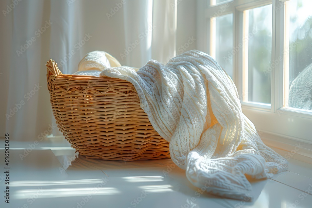 basket of freshly washed clothes catching the window natural light on a ...