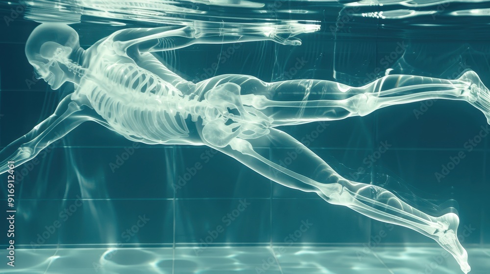 Digital art piece depicting a human skeleton in a dynamic swimming pose ...