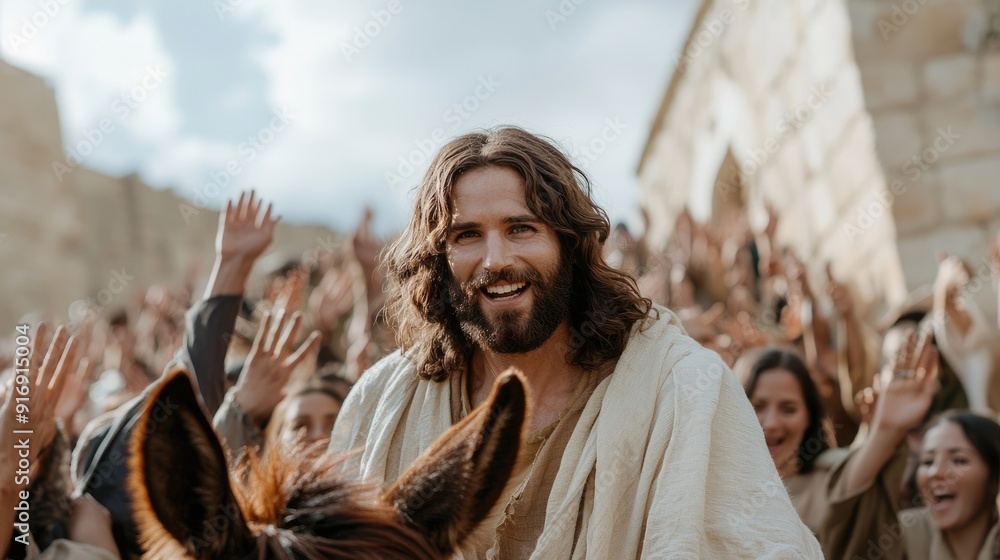 Triumphal entry scene: Jesus Christ rides into Jerusalem on donkey, met ...