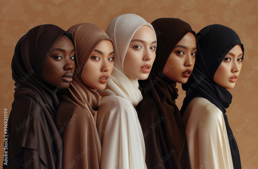 models of different ethnicities wearing hijabs in various colors, each ...