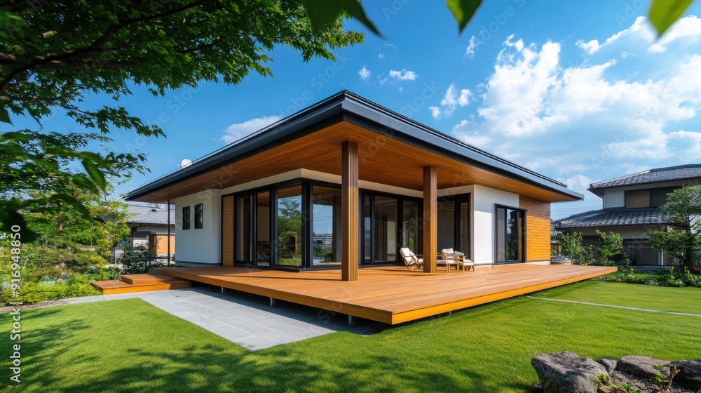 Perspective view of a modernized traditional house with a finished ...
