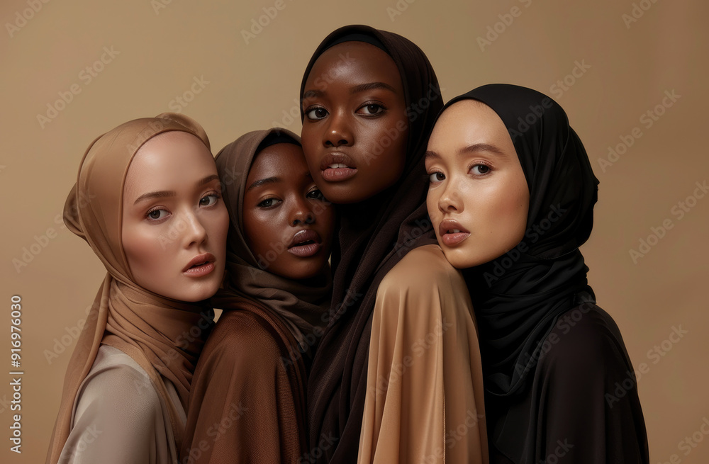 models of different ethnicities wearing hijabs in various colors, each ...