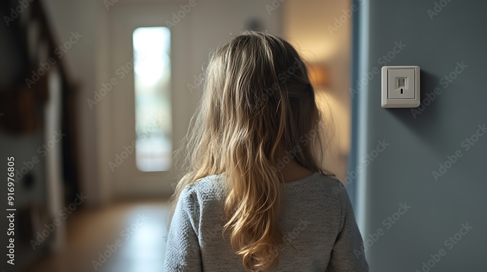 Rear view at little careless child girl exploring house playing turning ...