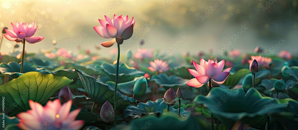 Numerous ancient fields filled with blooming lotus flowers create a ...