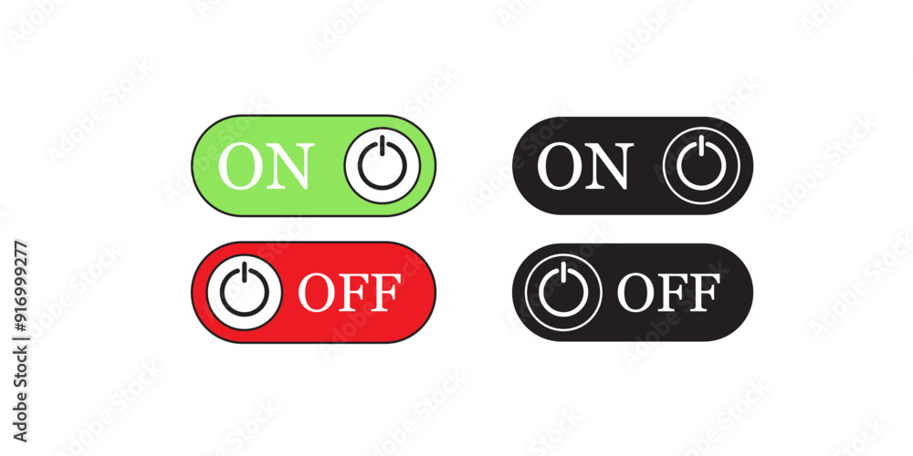 Switch toggle buttons ON OFF. Slider interface power icons. Mobile app ...