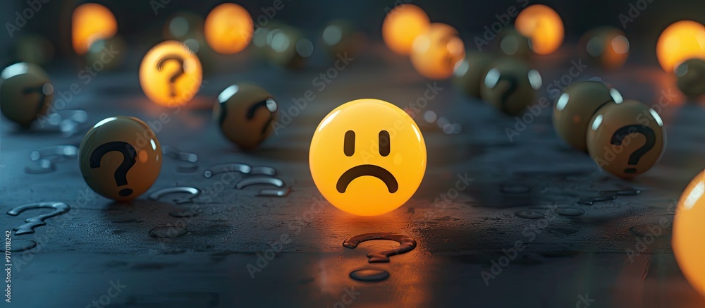 A sad emoji amidst question marks on a dark backdrop symbolizes ...
