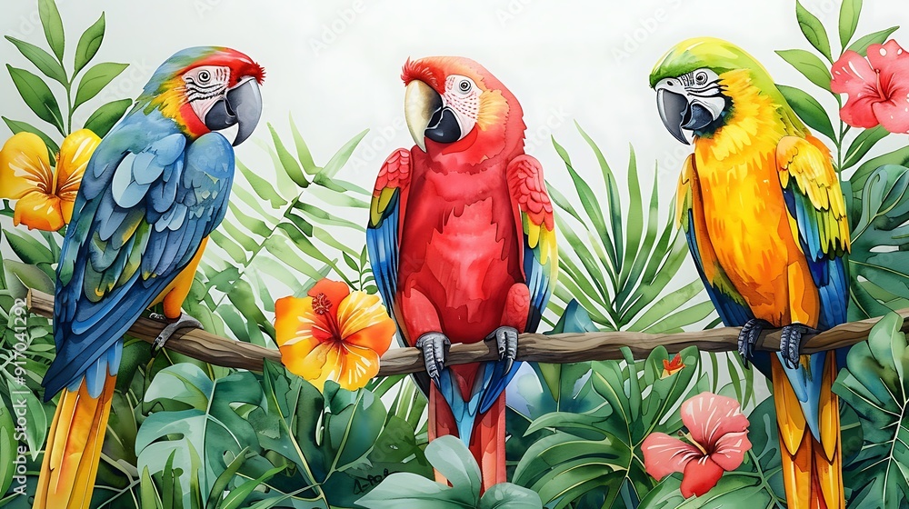 A watercolor pattern depicting rainforest animals, featuring parrots ...