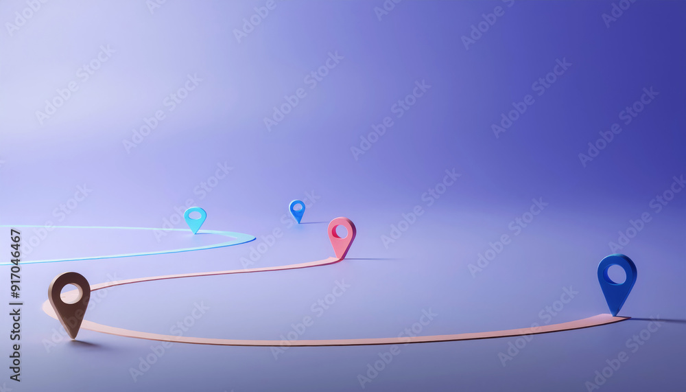 Colorful map pins on a winding path against a gradient background ...