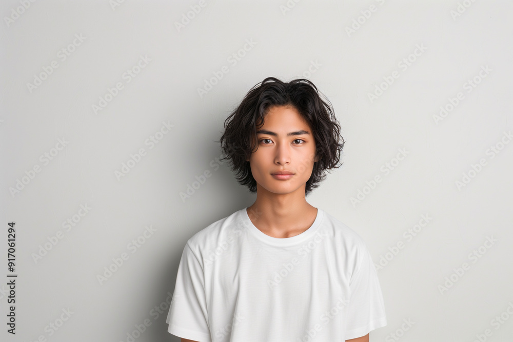 Close-up of a young trans masculine Asian man with dark, curly hair ...