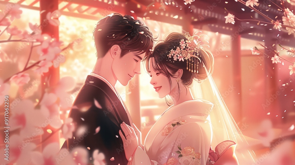 Young Asian couples in anime style get married in a Japanese garden ...