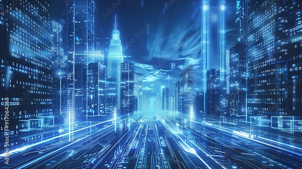 Futuristic cityscape transforming from analog to digital, with binary code and glowing circuit ...