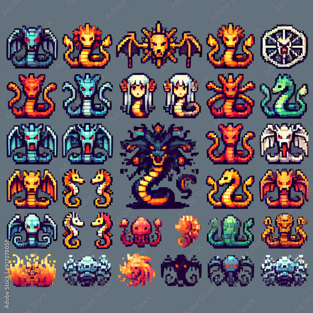 Hydra-themed Pixel Art RPG Sprite Sheet Stock Illustration | Adobe Stock
