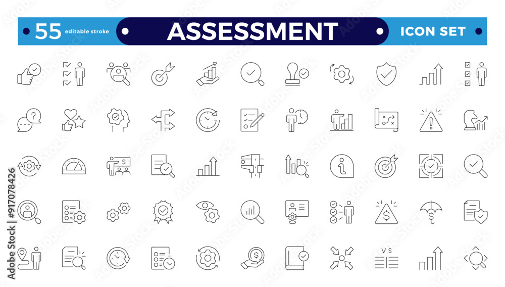 Assessment icons set. Editable stroke outline icon with goals, results ...