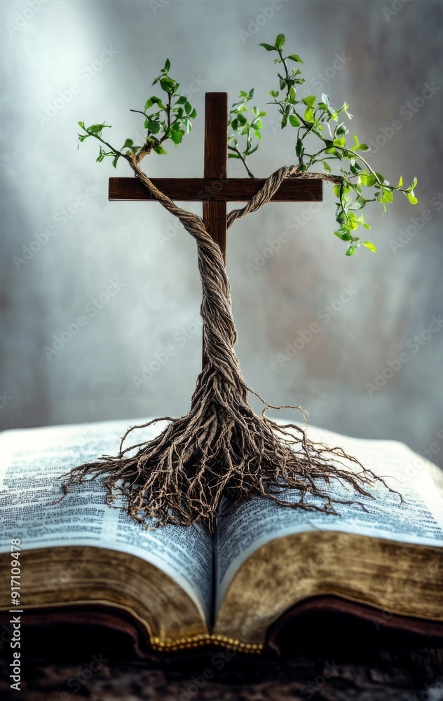 Faith's Deep Roots: The Cross Intertwined with Roots on an Open Bible ...