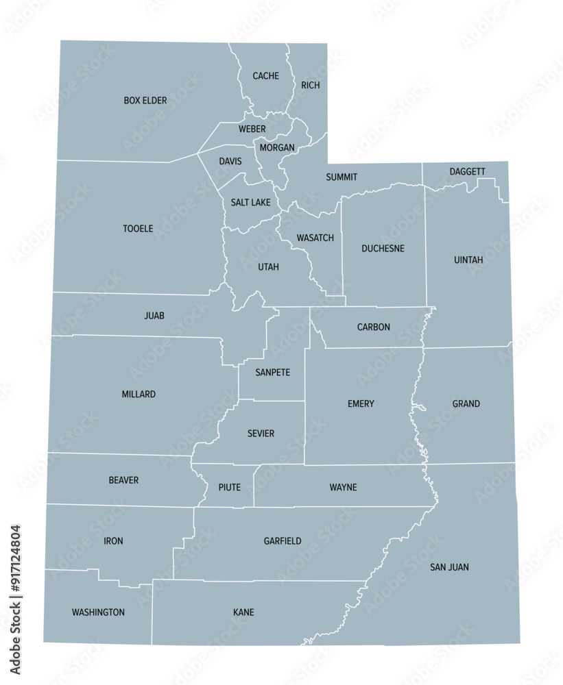 Utah, U.S. state subdivided into 29 counties, gray political map with ...