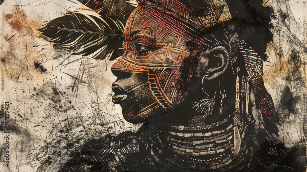 A native African female warrior in traditional dress with warrior ...