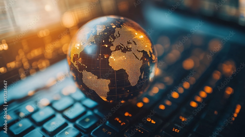 A glowing digital globe placed on a keyboard symbolizes global ...