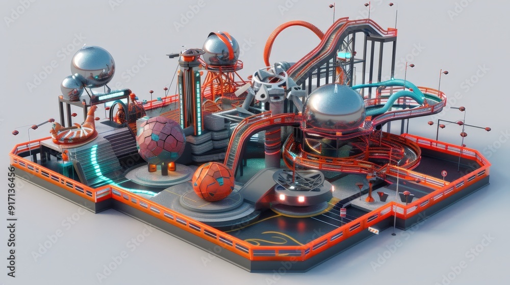 Imagine a 3D model of a futuristic amusement park. Describe the rides ...