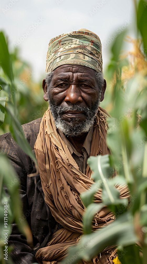 Old African man using smart irrigation systems for sustainable crop production near Cairo Egypt ...