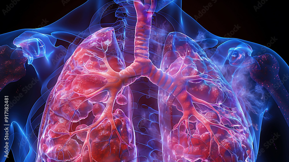 Anatomical illustration of respiratory system showing detailed ...