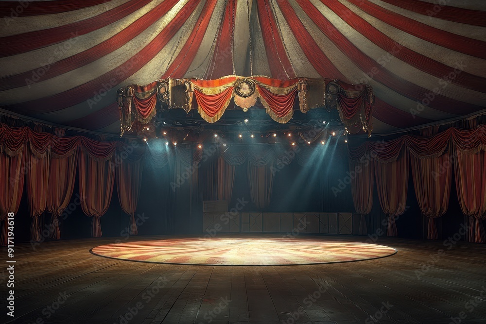 Vintage Circus Tent Interior: An Empty Arena with Striped Ceiling, Red ...