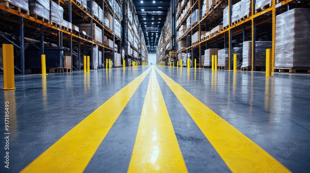 Warehouse aisle featuring yellow striped floor markings and safety ...