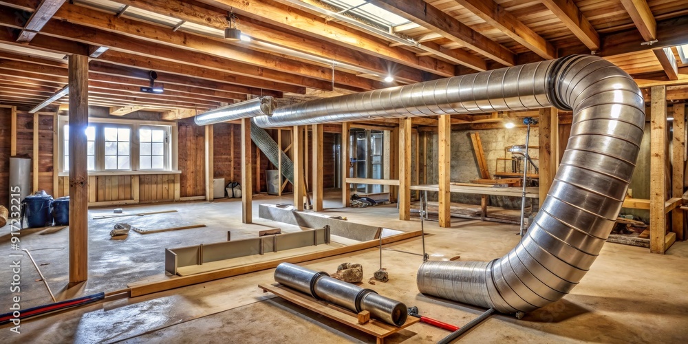 A silver ductwork pipe bends and snakes along the wooden beams and open ...