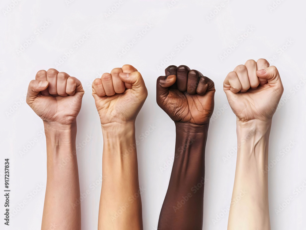 Four fists raised in the air, representing unity and strength ...