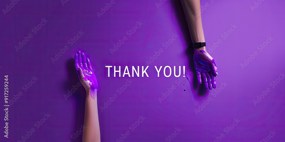 Bright purple thank you message with painted hands in minimalist style ...