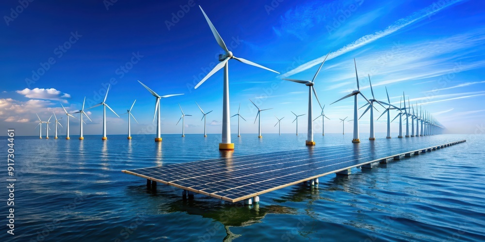Offshore wind turbine with floating solar panels in the ocean under ...