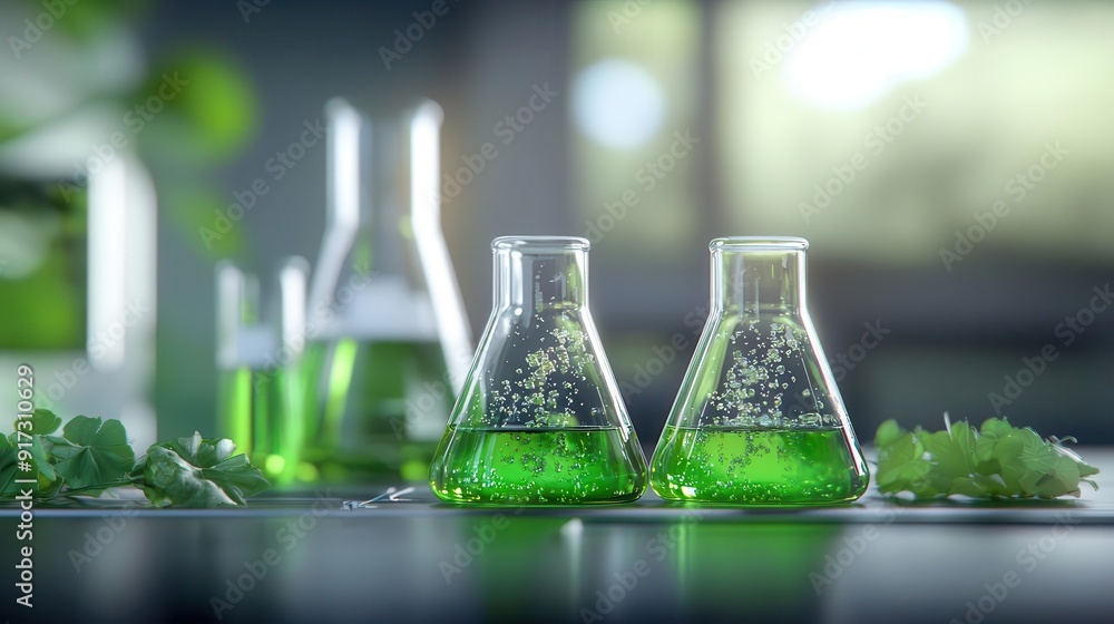 Eco laboratory scene with beakers of organic chemical solutions under ...