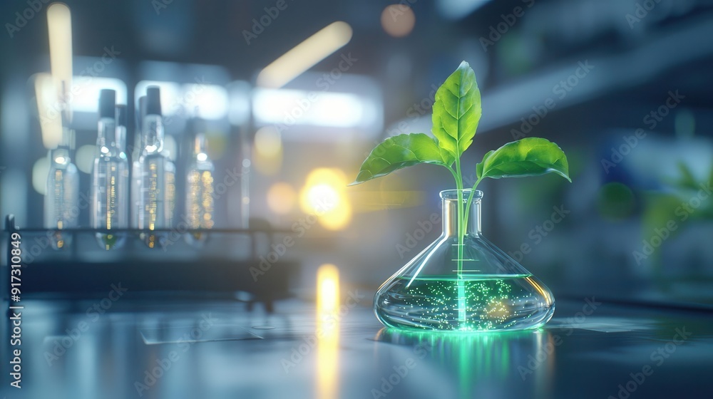 Lab setup with glowing chemical solution and organic matter dissolving ...